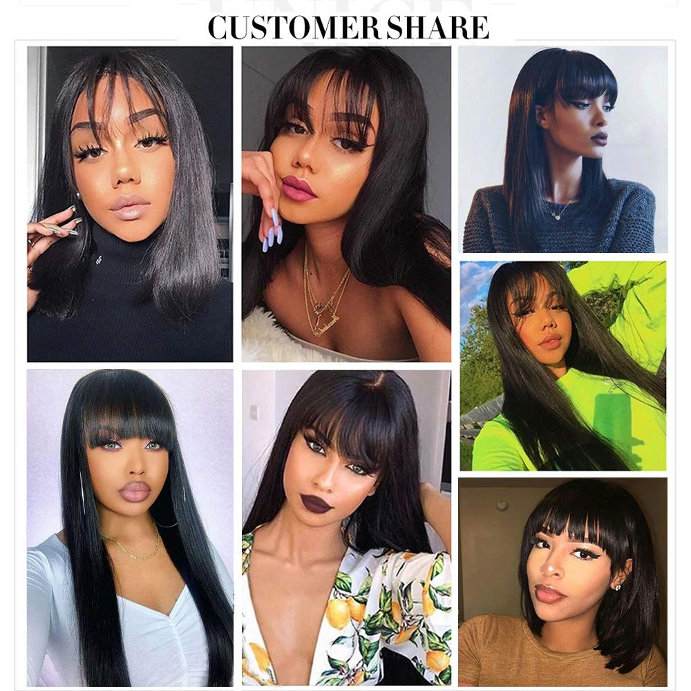 Lzlefho Silky Brazilian Virgin Straight Human Hair Wigs with Bangs 130% Density None Lace Front Wigs (Natural Black, 16inch)
