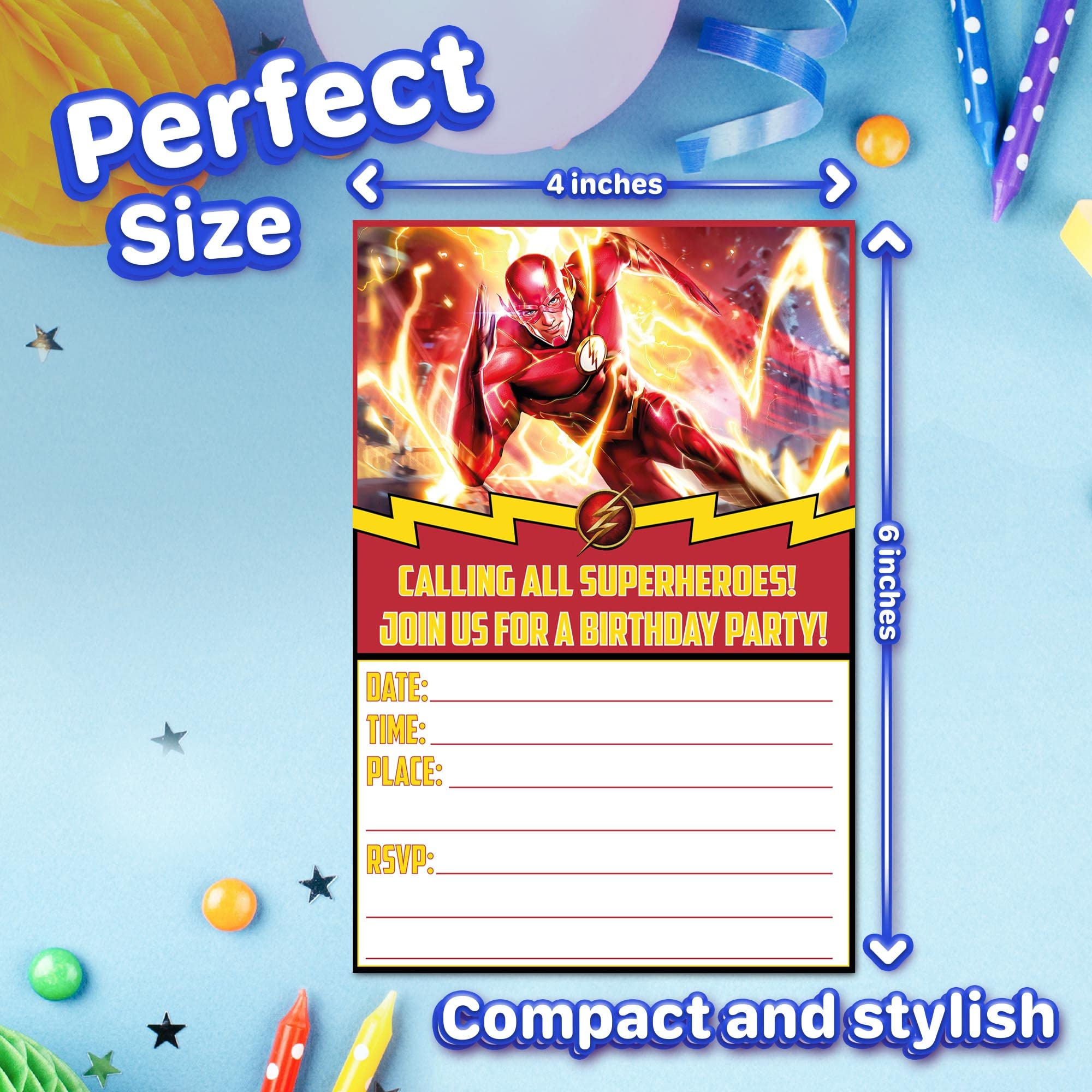Flash Invitation Cards and Envelopes β 20 Fill-in Invites for Kids Birthday Bash and Theme Party, 10X15 cm, Postcard Style