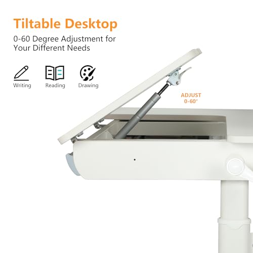 FCD Kids Desk, Wooden Adjustable Height Ergonomic Study Desk with Tiltable Desktop, Pull Out Storage Drawer for Kids 4-13 (Bookshelf Not Included)