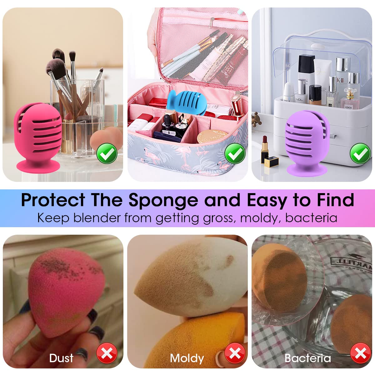 3Piece Makeup Sponge Holder,Silicone Beauty Blender Holder Case for Travel, Suctioned Drying Stand Makeup Sponges Protective Carrying Case Holders Organizer for Makeup-Rose Red,Blue,Purple