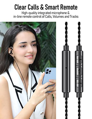 Audiovance Vibes 201ML Wired Earbuds in Ear Headphones with Mic, Lightning to 3.5mm Adapter & Braided Cord, Noise Isolating Bass Driven Earphones, Carry Case, Ear Buds Tips, 3.5mm Jack (Clear Brown)