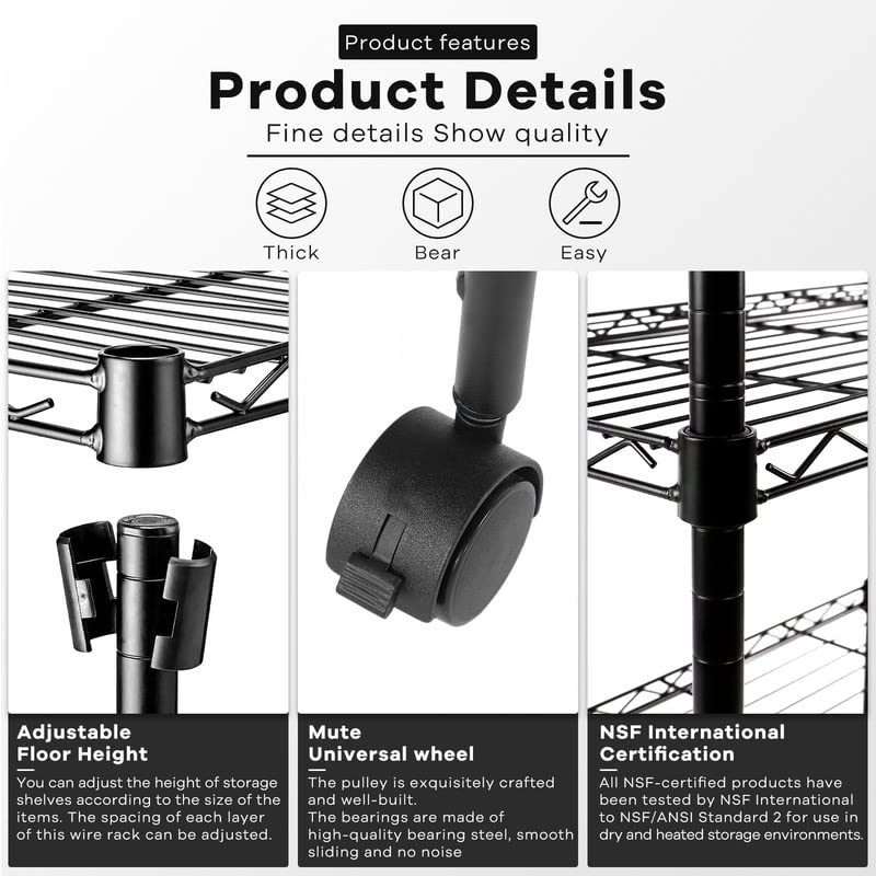 MGHH Garage Shelving, Metal Shelves 5 Tier Wire Shelving Unit Adjustable Heavy Duty Sturdy Steel Shelving Rolling Cart with Casters for Pantry Garage Kitchen, Black