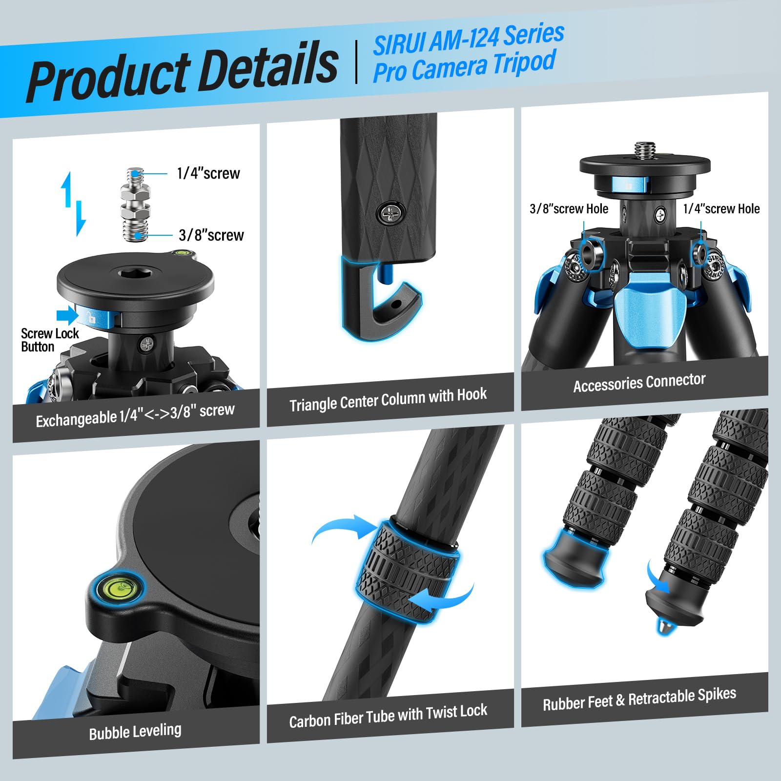 SIRUI AM-124 Carbon Fiber Tripod with Triangular Center Column, 62.6" Compact TravelTripod for Camera, 4 Sections, Waterproof Twist Lock, Load 26.5lbs