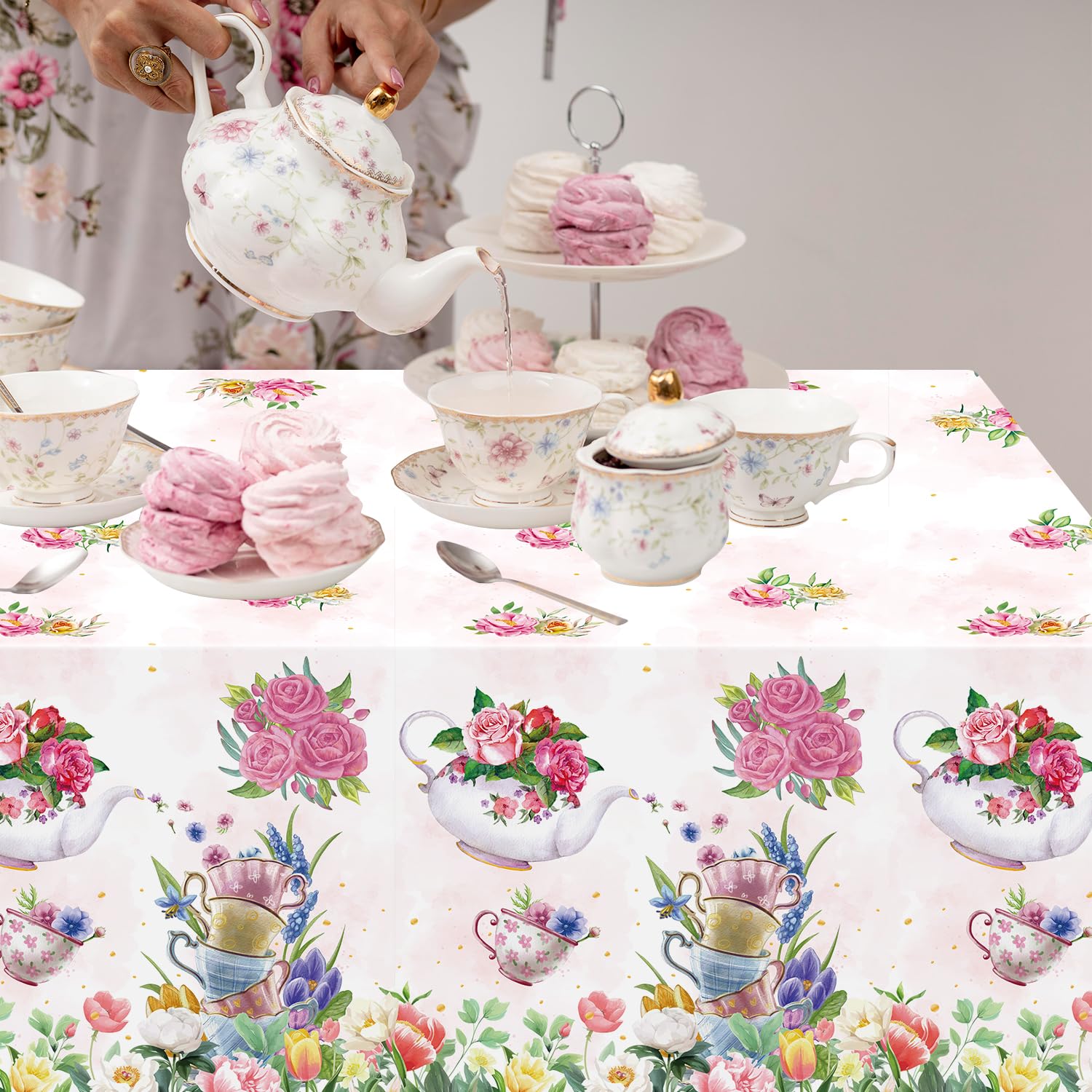 4 Pack Tea Party Decoration Floral Tea Party Tablecloth Tea Party Birthday Supplies 86β x 51β Rectangle Plastic Spring Disposable Floral tea party Table Cover Baby Shower Floral Birthday Decorations