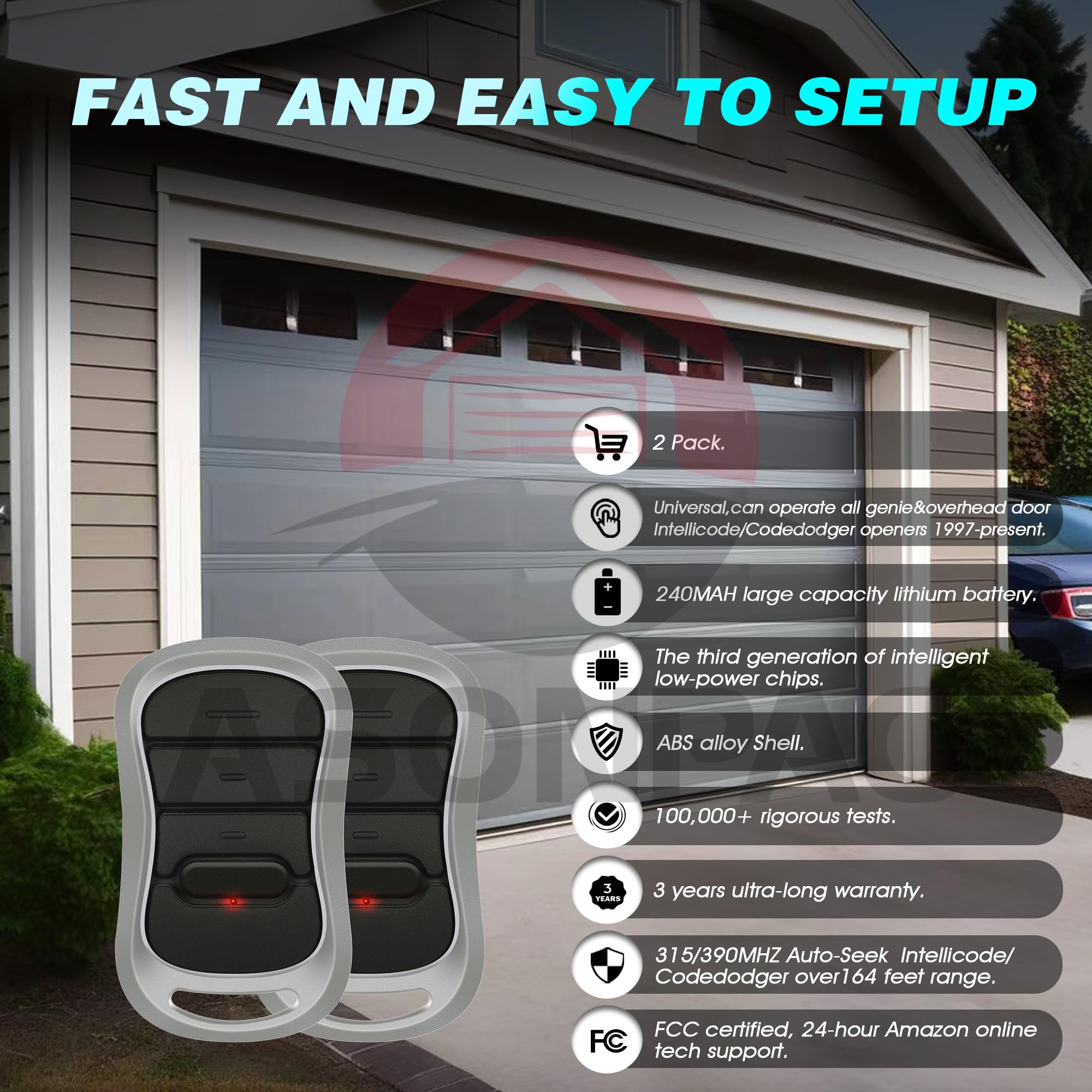 2Pack Genie Garage Door Opener Remote Replacement, Genie G3T-R, Overhead Door O3T-A O3T-BX Auto-Seek Dual Frequency IntelliCode/CodeDodger 3-Years-Warranty