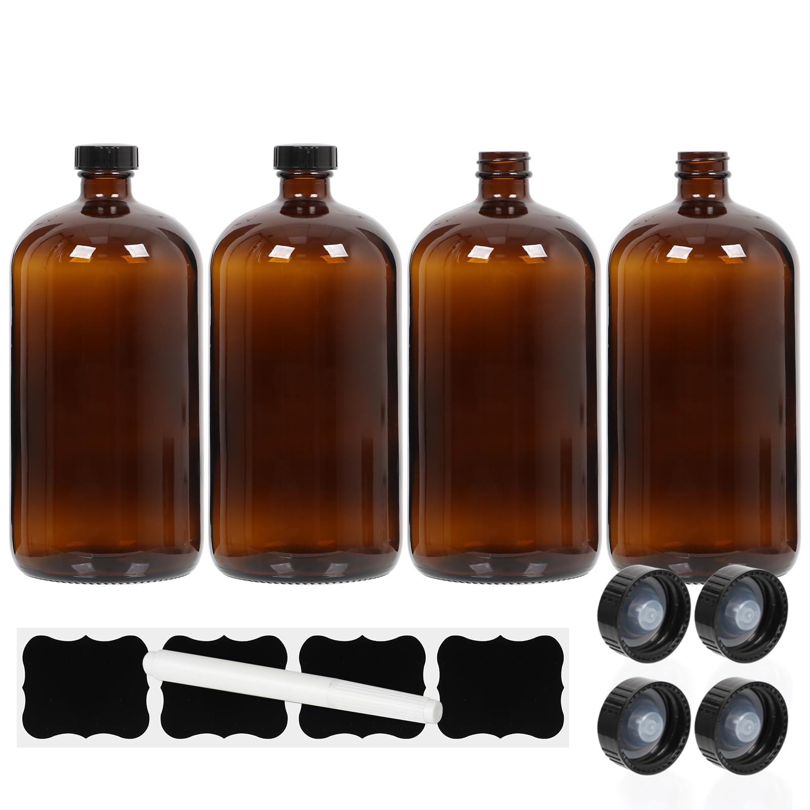 STARSIDE 4 Pack - 1 Liter 32 oz Amber Glass Boston Round Bottles with Air Tight Seal Phenolic Poly Cone Caps. Perfect Glass Containers for Secondary Fermentation,Storing Kombucha,Brewing and Juicing.