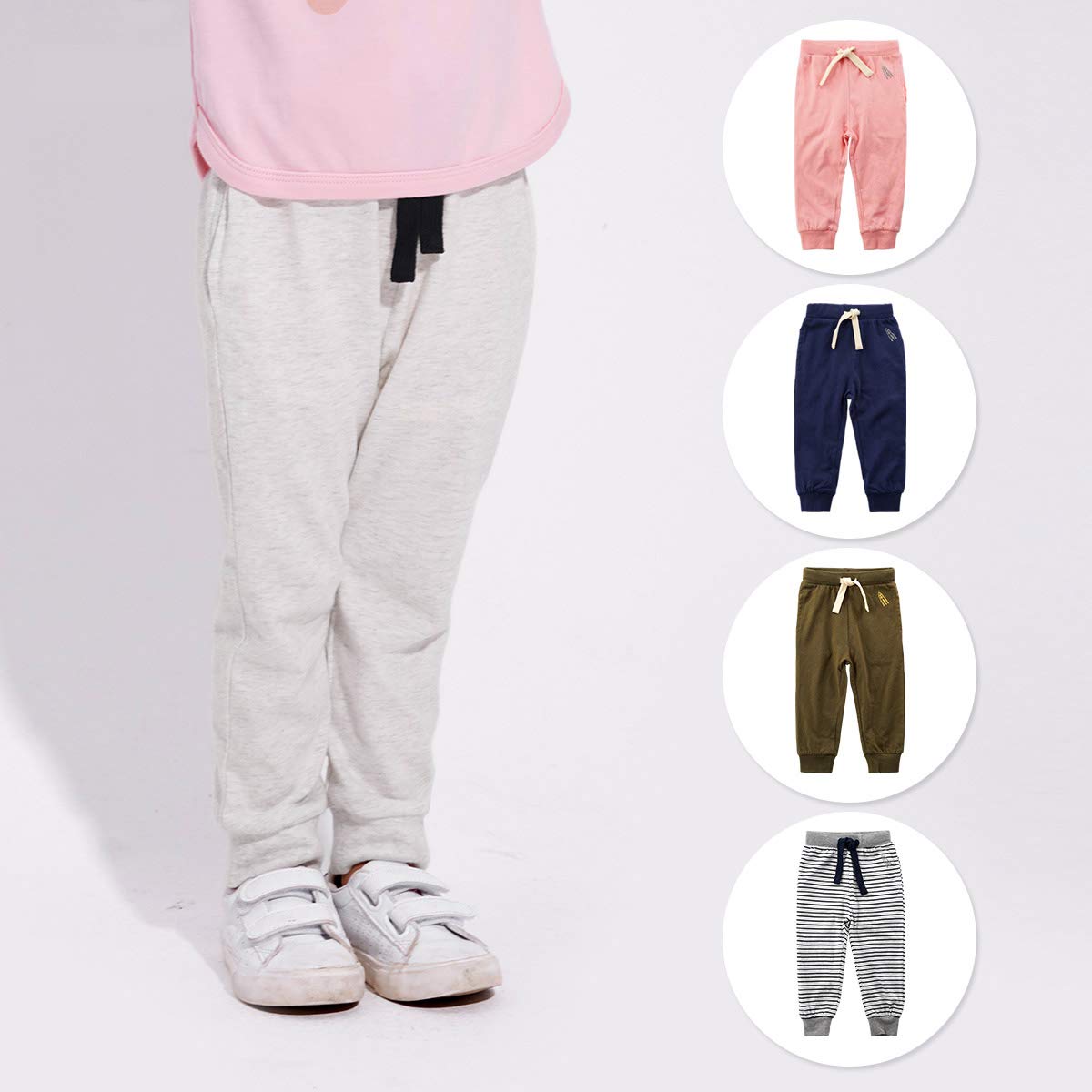 QGAKAGO Toddler Baby Boys Girls Active Jogger Pants Cotton Pure Color Rocket Sweatpants with Drawstring 1-6T (18-24 Months,2 Pack(Light Grey+Red))