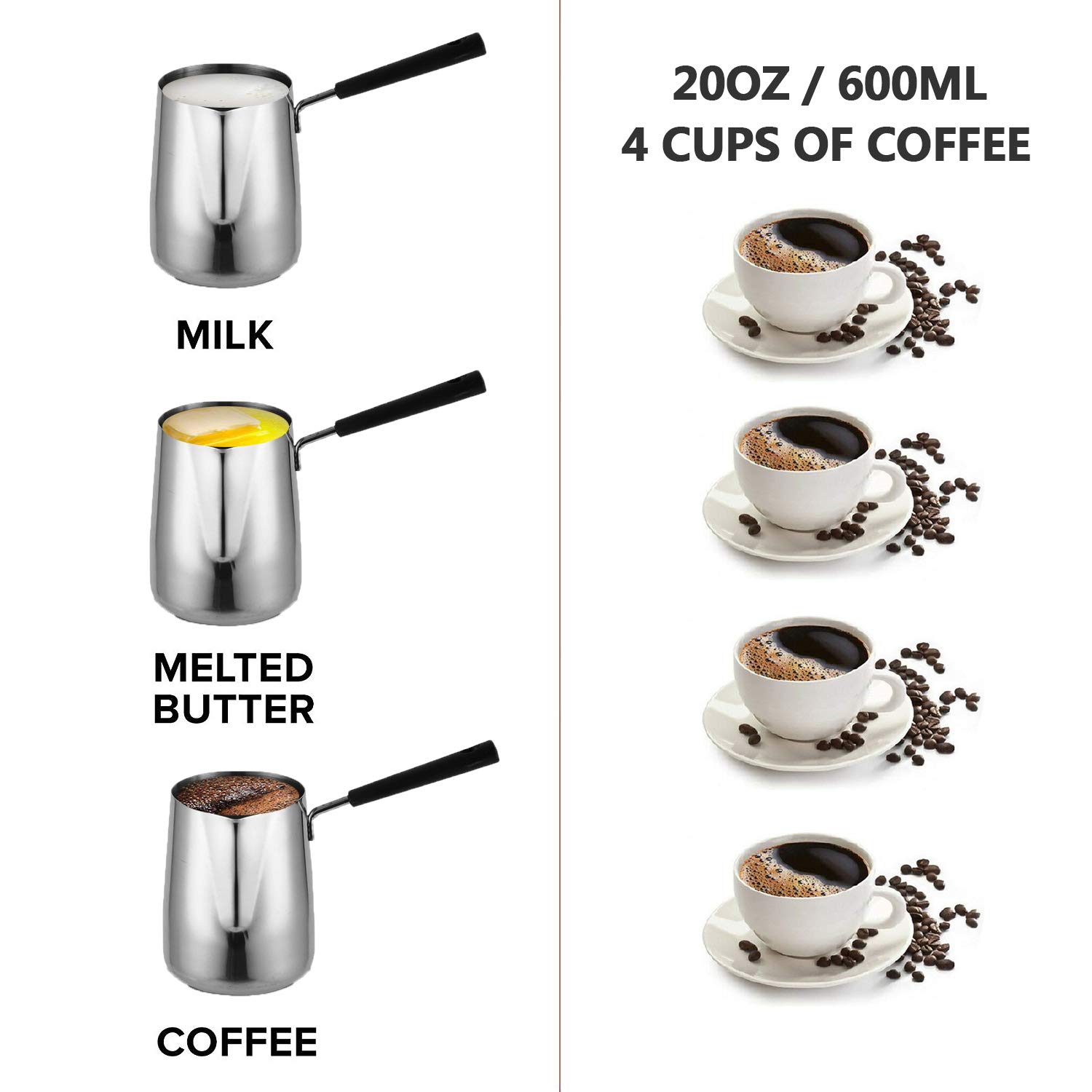 600ML/20oz Turkish Coffee Pot β 304 Stainless Steel Coffee and Butter Warmer, Premium Milk Warmer and Milk Pot with Spout