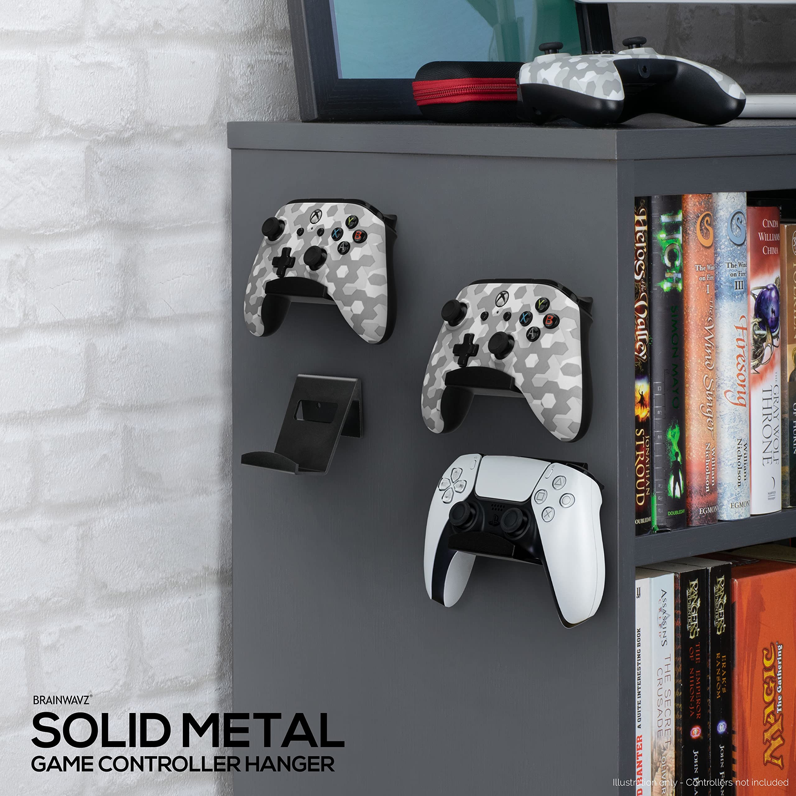 4 Pack Metal Controller Holder Stand Wall Mount for Xbox, PS5, PS4, PC & More Gaming Accessories, Adhesive & Screw Universal Fit by Brainwavz (Black)