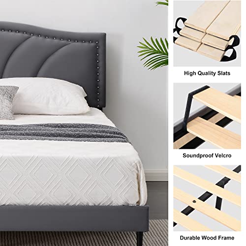 AsKmore Queen Size Bed Frame,Velvet Upholstered Platform Bed with Decorative Flower Line & Nailhead Trim Headboard with Wood Slat Support,No Box Spring Needed,Easy Assembly, Grey