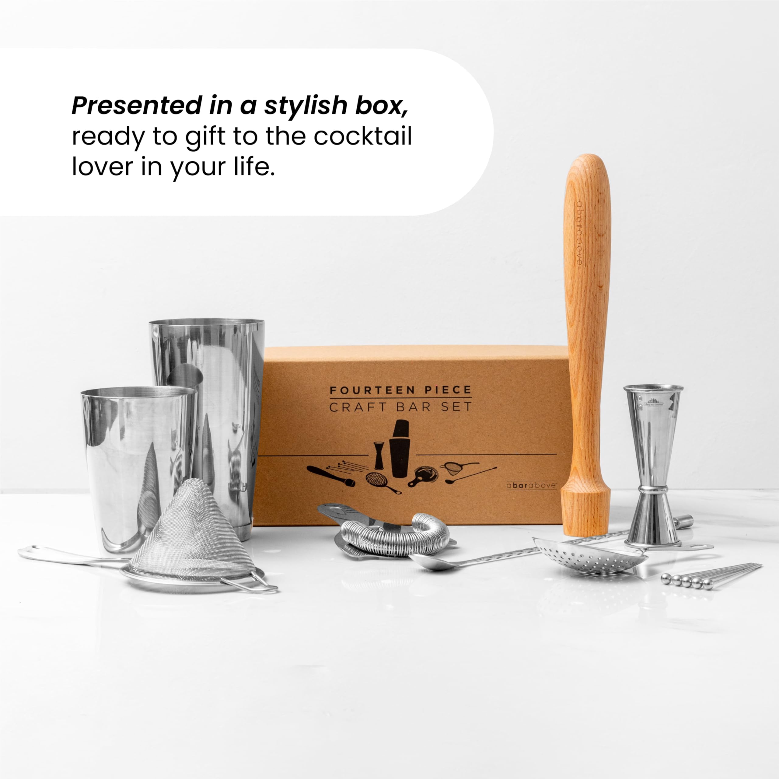 A Bar Above 14-Piece Professional Bartender Gift Set - Premium Barware Accessories for Home Bar - Bartending Gift Kit Includes Shaker, Jigger, Strainers & More - Valentines Day Gifts for Him & Her