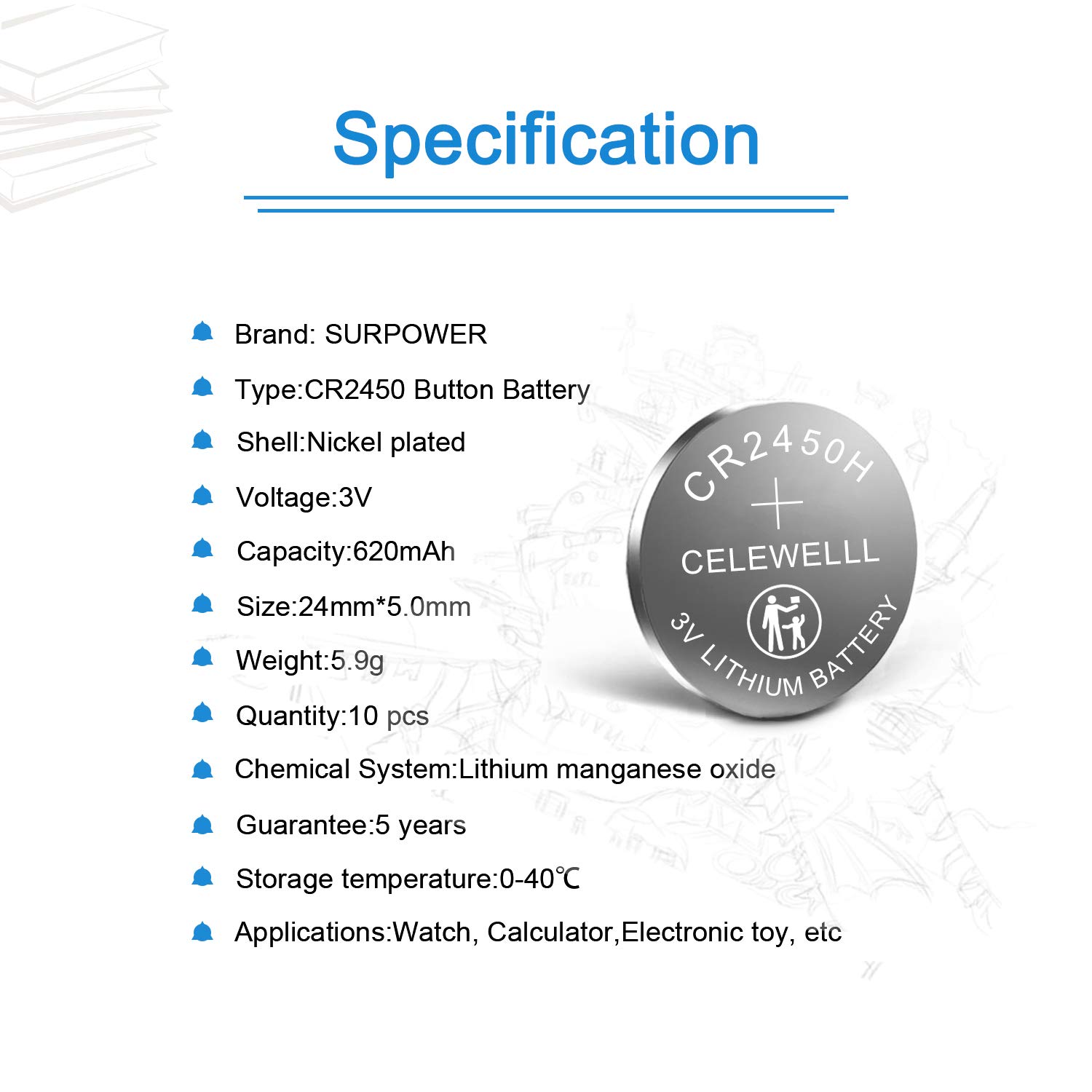 SURPOWER CR2450 3V Lithium Battery DL2450-10 Pack【5-Year Warranty】