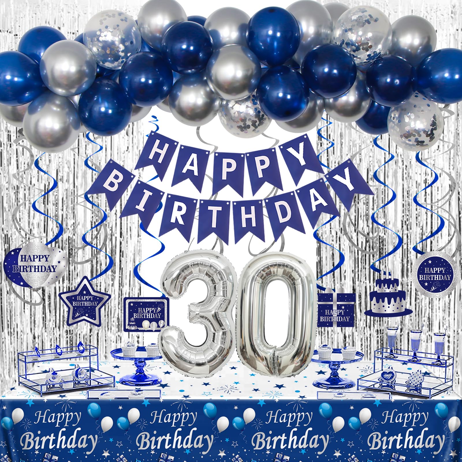 30th Birthday Decorations for Him, Blue and Silver 30th Birthday Party Decorations for Men, Happy Birthday Banner 30th Birthday Balloons Tablecloth Fringe Curtains Hanging Swirls Bday Party Supplies