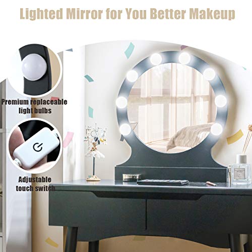 AUGESTER Vanity Set with 8 Lighted Bulbs Mirror, Makeup Dressing Table w/Replaceable and Adjustable Lights Cushioned Stool & 2 Sliding Drawers, Compact Makeup Table Chair for Bedroom (Black)