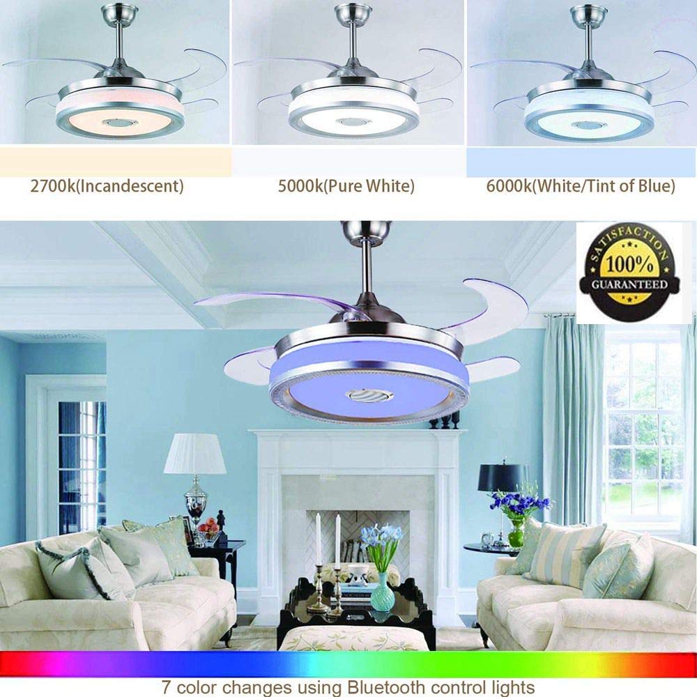 42 Inch Modern Retractable Ceiling Fans with Light Smart Bluetooth Music Player Chandelier 7 Colors Invisible Blades with Remote Control 36W