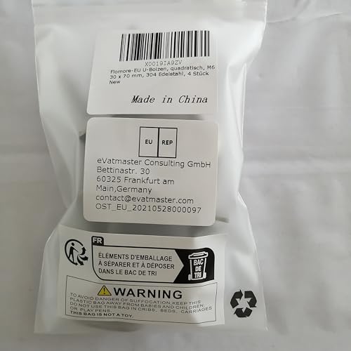 M6x30x70mm Square U Bolt 304 Stainless Steel Tie Down U Bolt (Pack of 4)