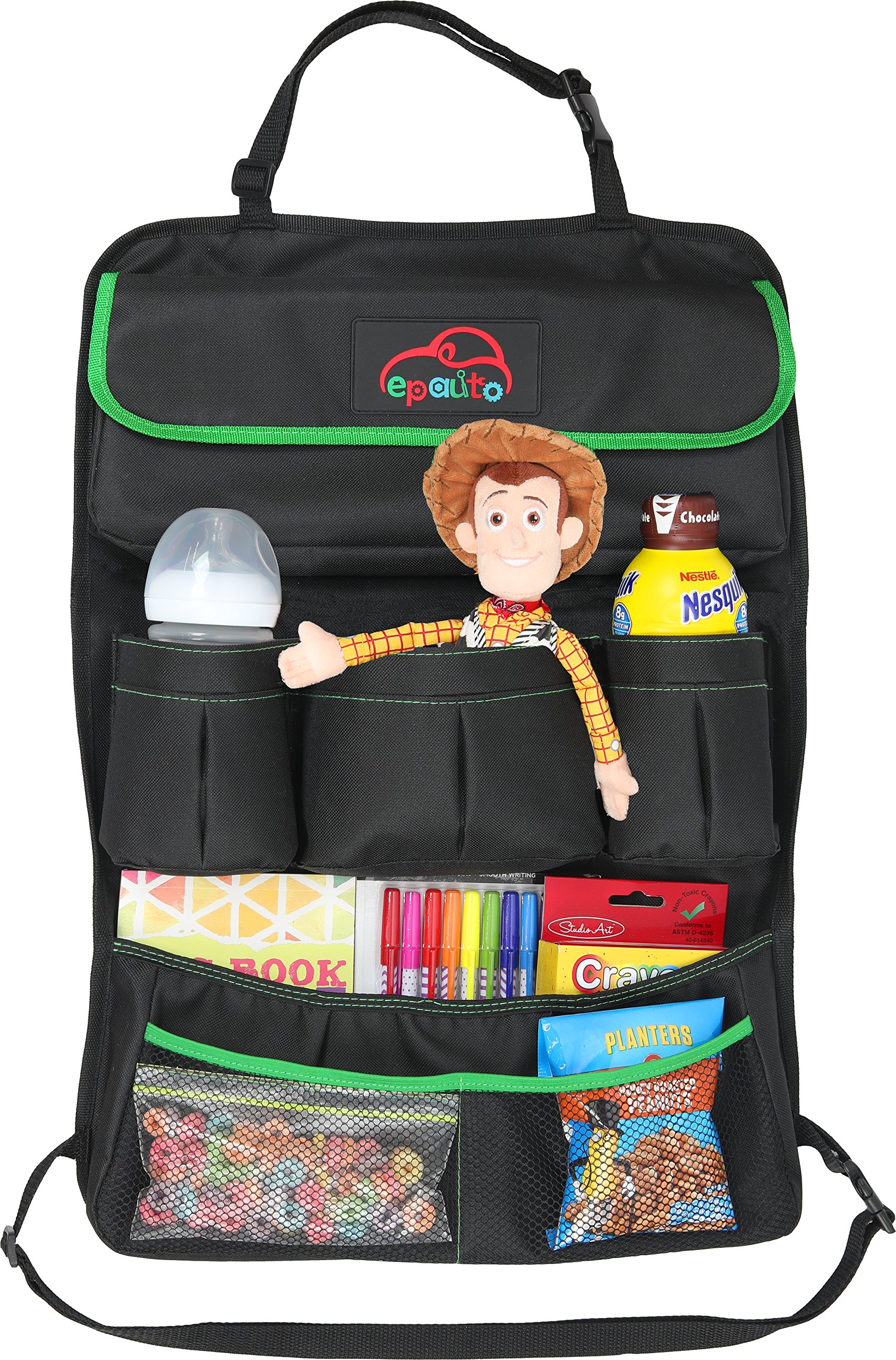 EPAuto Premium Car Backseat Organizer for Baby Travel Accessories, Kids Toy Storage, Back Seat Protector/Kick Mat