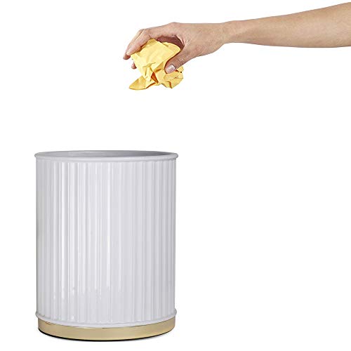 nu steel PAN8H Panache Collection Ceramic Wastebasket, Round Trash Can for Bathroom, Bedroom, Dorm, College, Office, 8" L x 10" H x 8" W, White Gold Finish