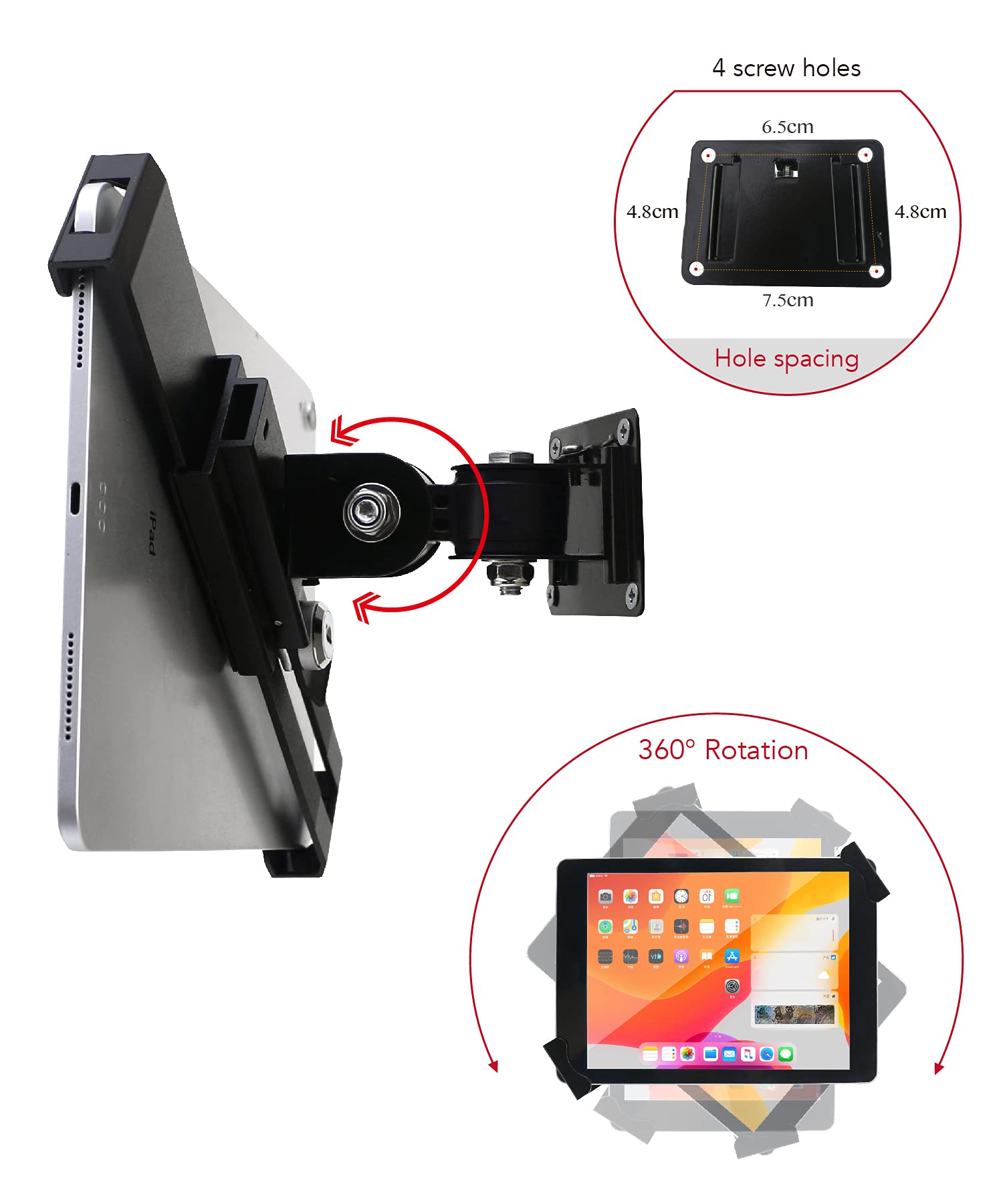 WeSTRUGGLE Tablet Wall Mount Holder with Lock and Key, Rotate Design Arbitrary Adjustment,Multi Angle,Bracket for Most 8 to 10.4 Inch,and for iPad Air &10.2,10.9,Pro 11 Galaxy tab,and More (Black)