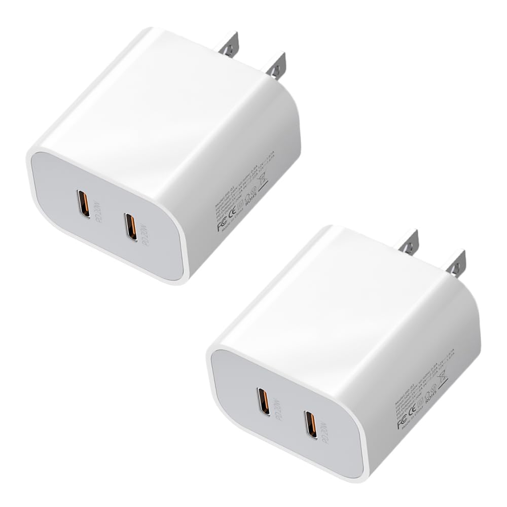 2 Pack 20W Dual USB C Fast Charger Block Power Adapter Type C Wall Charging Compatible with iPhone 15/14/13/12/11/X/XS Pro Max Samsung S23/S21/S20 Android Phone