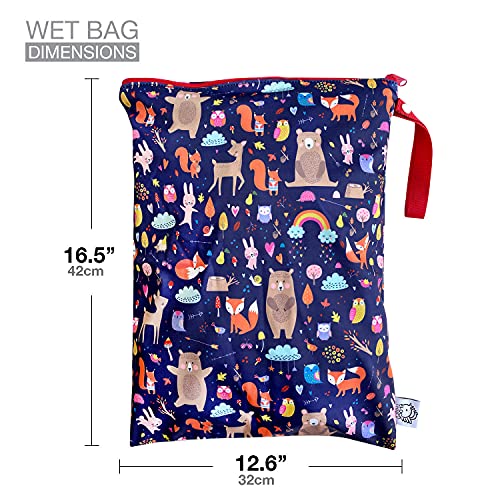 FLOCK THREE Washable and Reusable Wet Bag Diaper Bag Water Resistant Swimming Bag Travel Toiletries Pouch Cute Animals Zippered 12.6'' x 16.5''