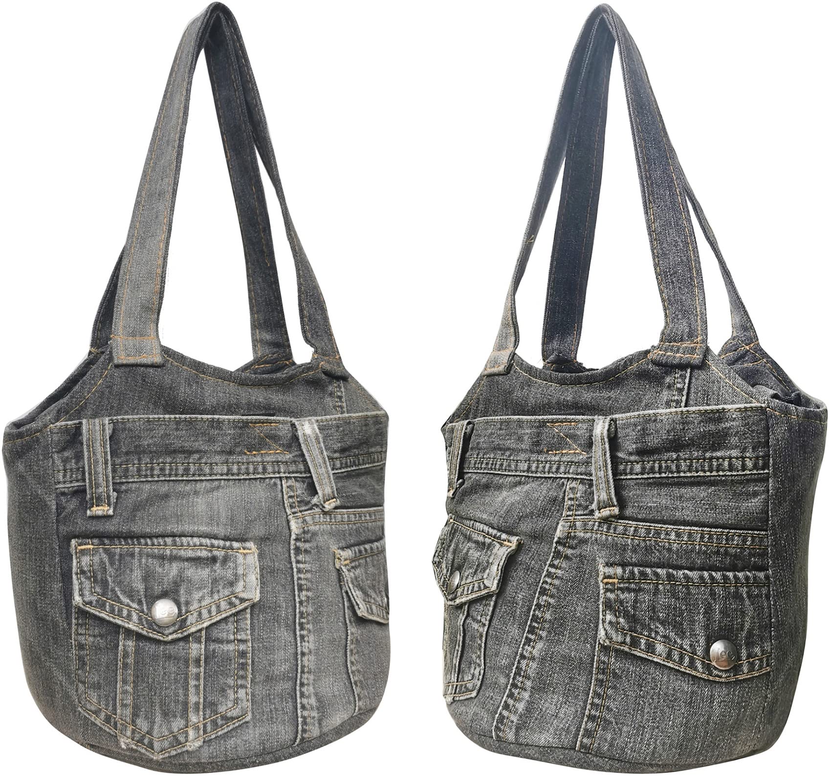 BDJ Upcycling Blue Denim Jean Round Shape Top-Handle Bucket Handbag for women (Round 5)