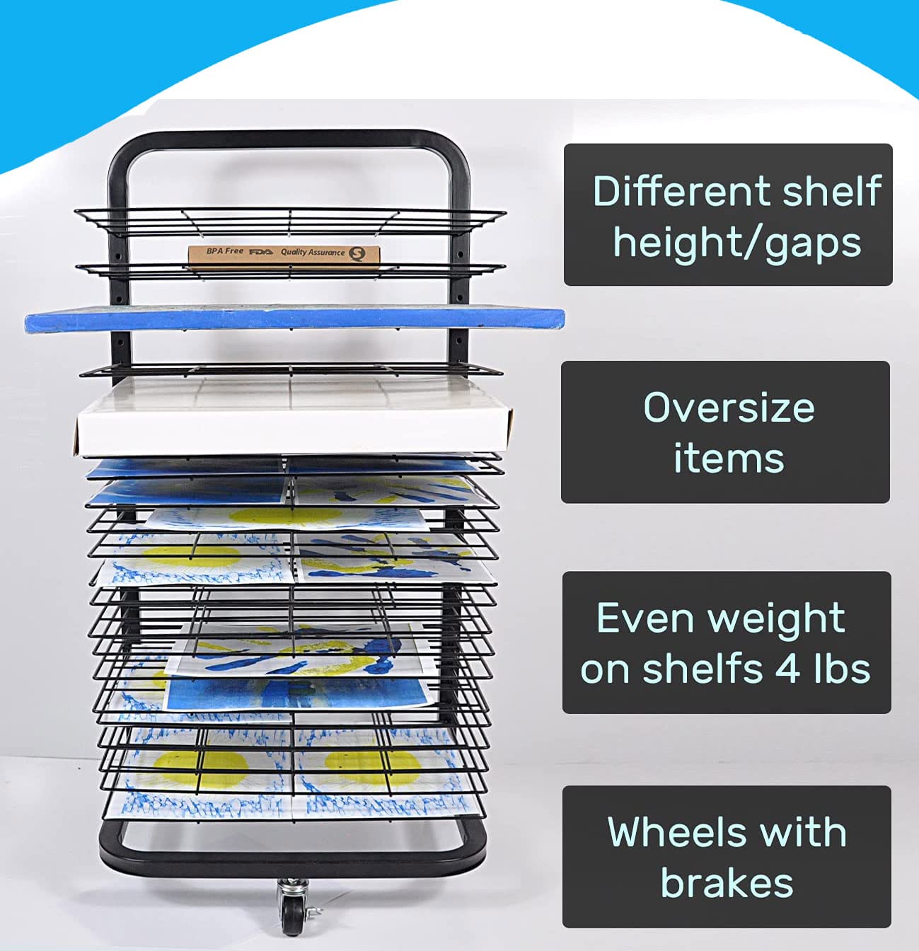 Joymaney Art Drying Rack - Mobile Metal Art Storage Rack with Extra Large 25 Removable Shelves, Art Organizer for Kids, Art Studio Organization and Storage, Artwork Storage, Craft Room