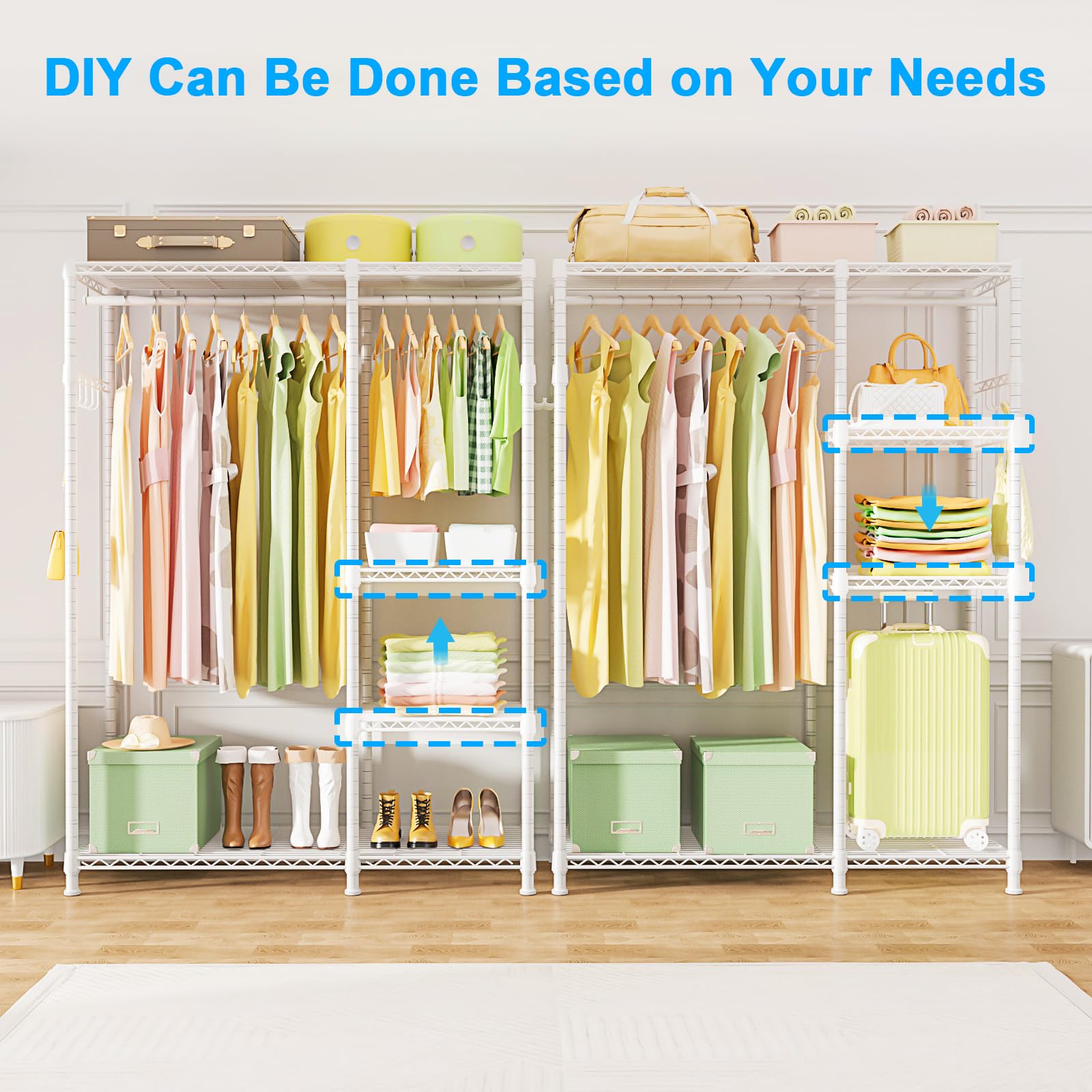 Ulif F4 Heavy Duty Clothes Rack(With Hanger Rod ) Freestanding Clothing Racks for Hanging Clothes,Adjustable Closet Organizer System,Portable Garment Rack 45" W x 15" D x 70" H,Max Load 500LBS,White