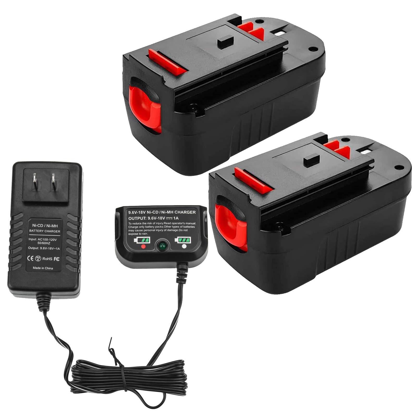 2Packs HPB18 18V 3.8Ah Replacement for Black and Decker 18 Volt Battery Compatible with 244760-00 FS18FL and Charger for Black and Decker 9.6V-18V Ni-Cd&Ni-Mh Battery
