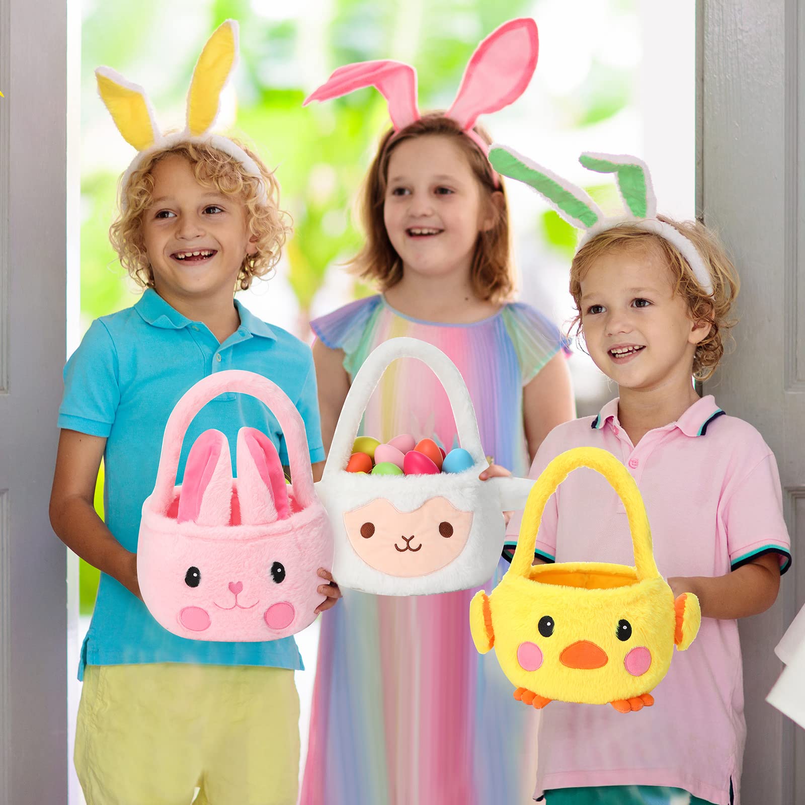 4 Pcs Easter Basket for Kids Plush Easter Bunny Chick Sheep Frog Basket Easter Egg Hunt Basket Bags with Handle for Easter Decorations Gifts Candy Toy Storage Cute Easter Gifts for Girls Boys