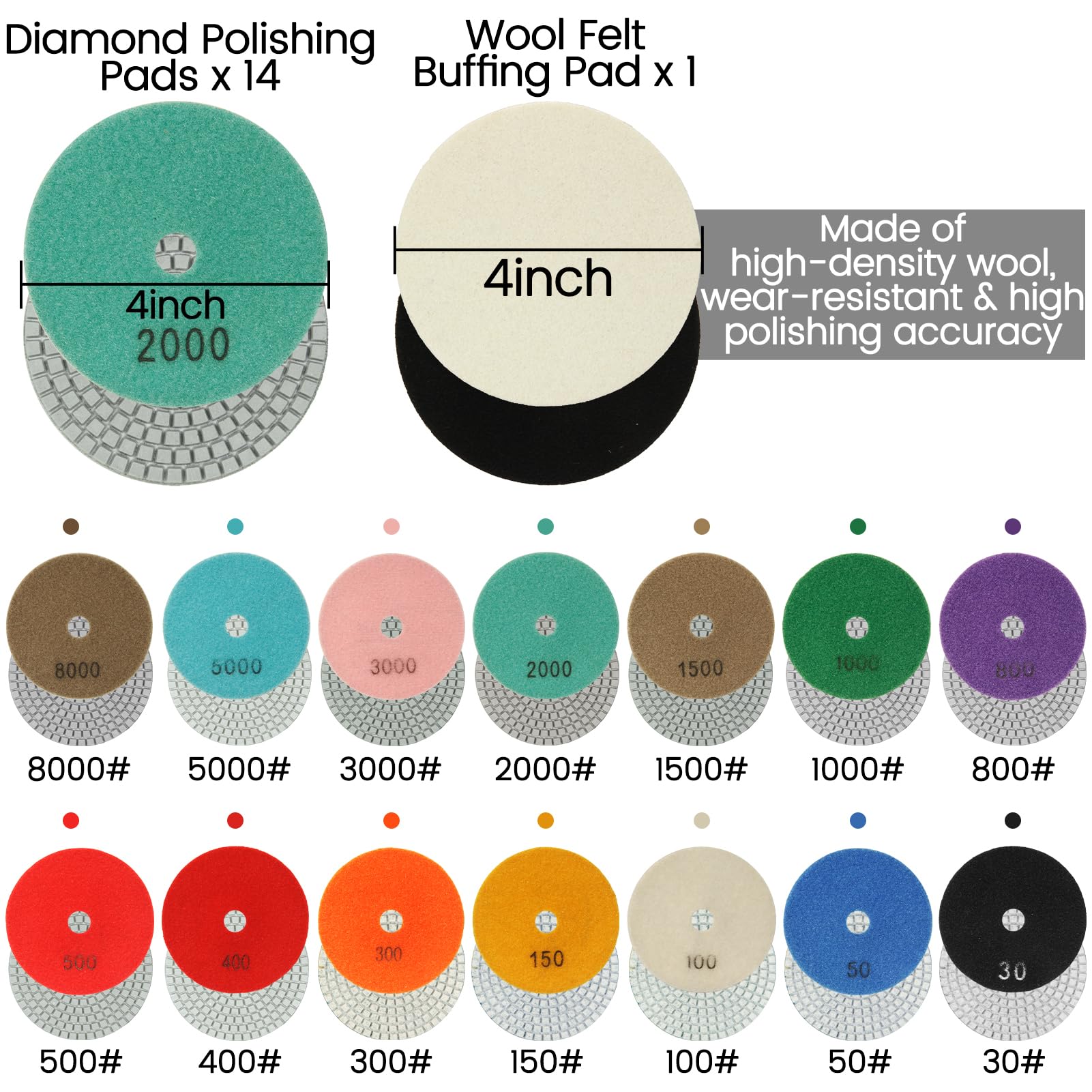 4 Inch Diamond Polishing Pads,16 Pack Wet/Dry Polish Pad Kit with 5/8ββ-11 Backer Pad for Drill, Grinder, Polisher,30-8000 Grit Pads for Granite Marble Concrete Stone Quartz