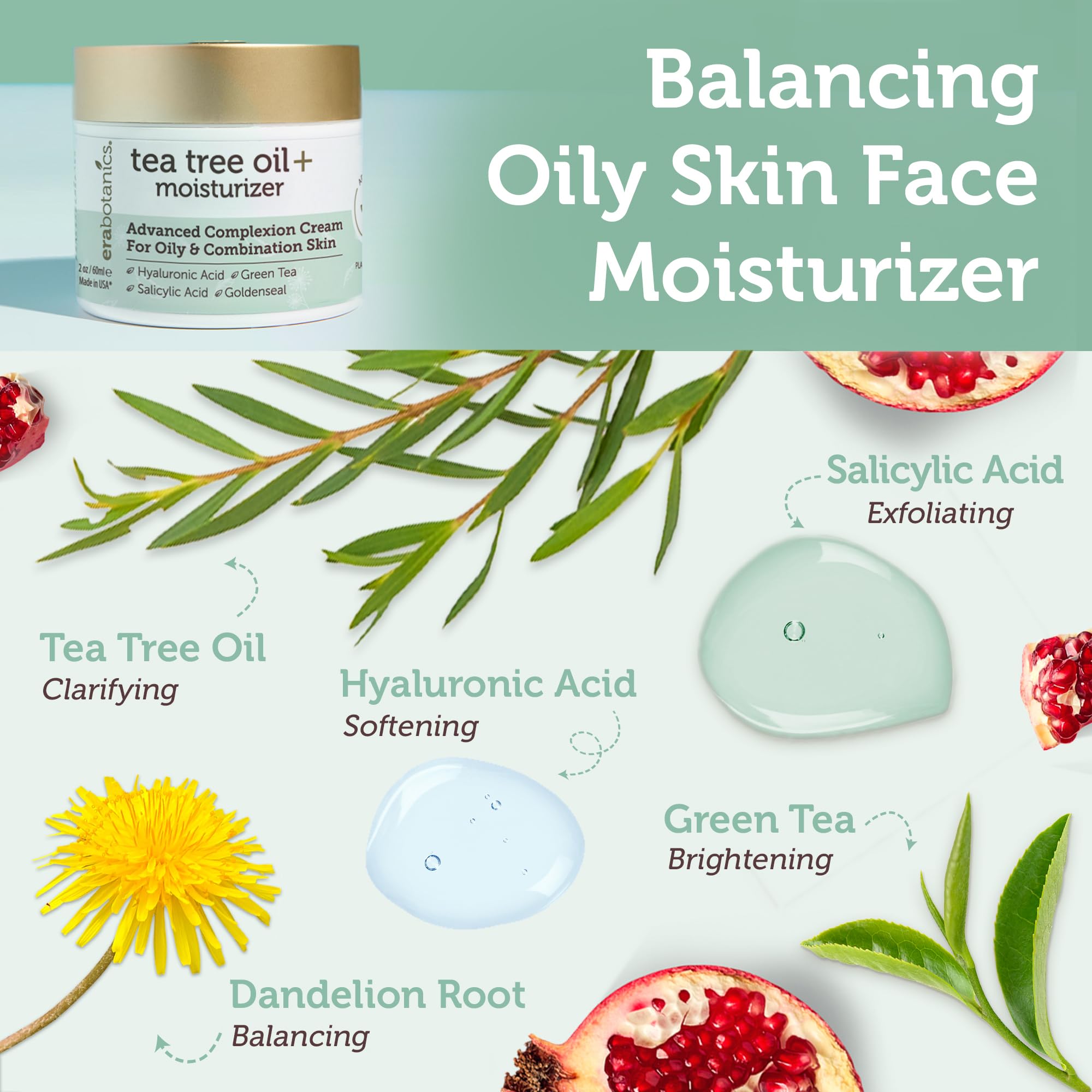 Era Organics Tea Tree Cream Face Moisturizer for Oily Skin - Advanced 7X Balancing Oily Skin Moisturizer - Non-Greasy Moisturizer - Tea Tree Oil for Skin