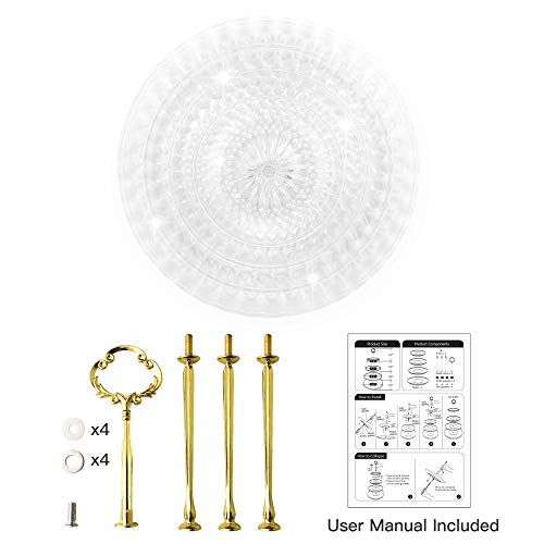 NWK 3/4-Tier Cupcake Stand with Crystal-Clear Plastic Plates and Metal Struts Dessert Stable Tower Display Rack Serving Tray for Wedding Birthday Bridal Shower Autumn NYE Tea Party (Gold)