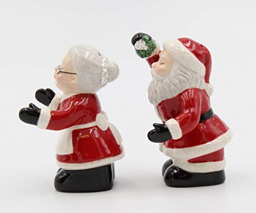 Fine Ceramic Kissing Santa & Mrs. Claus Under the Mistle Salt & Pepper Shakers Set, 3-3/8"