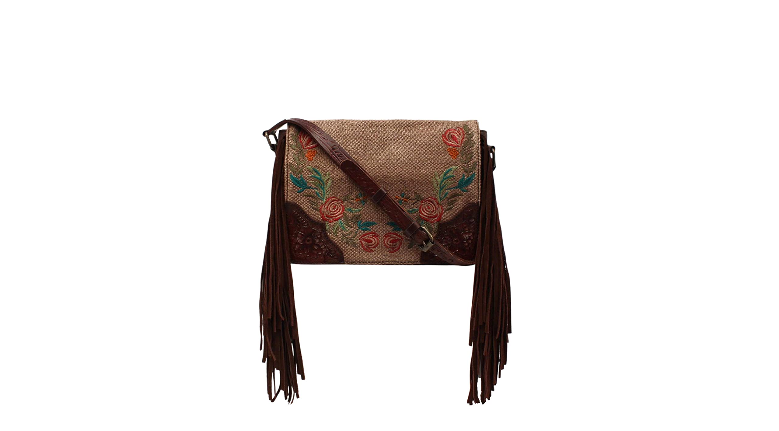 ARIAT Women's Audrey Collection Canvas Flower Fringe Crossbody Bag Handbag, Brown, One Size