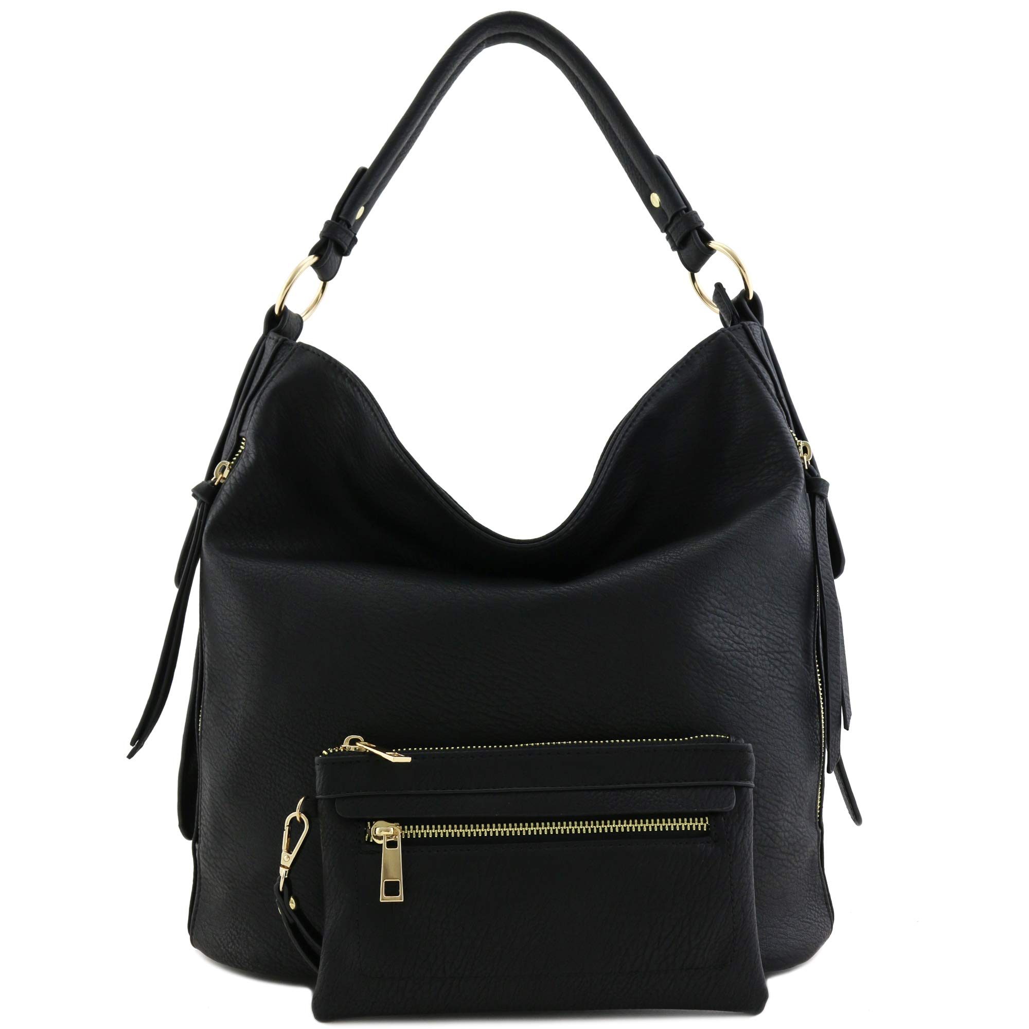 2pc Set Faux Leather Large Hobo Bag with Pouch Purse (Black)
