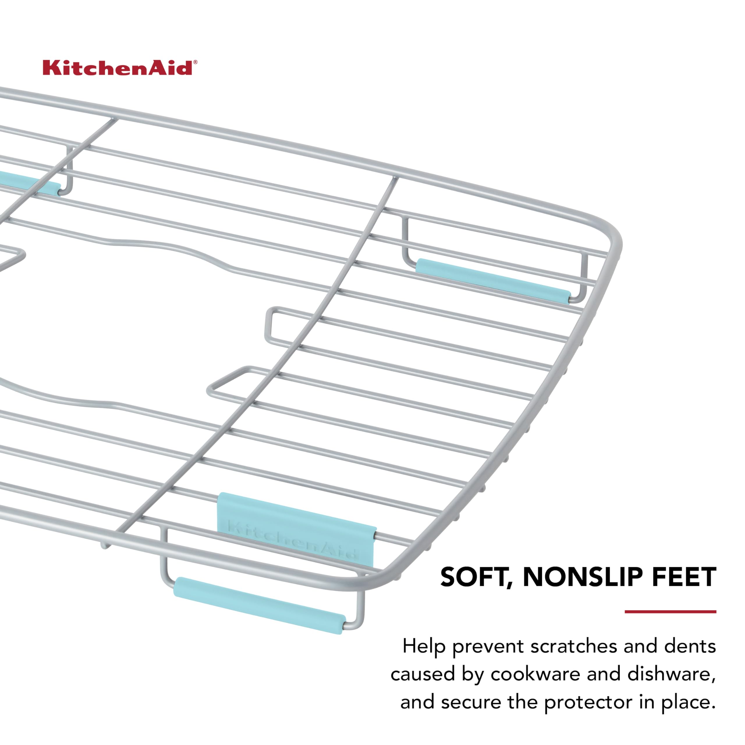 KitchenAid Rust Resistant Small Protector with Non Slip Feet and Center Opening for Sink Stopper and Quick Drying, 10.5 x 12.5 x 1.4 Inch, Mineral Water