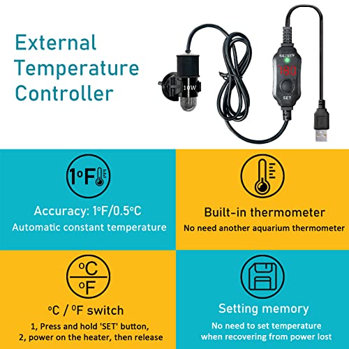 auomii USB Aquarium Heater,10/20/30W Adjustable Mini Fish Tank Heater, External Temperature Controller, LED Display, Used for 1-3 Gallon Tank