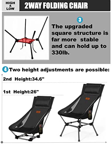 AnYoker Camping Chair, 2 Way Compact Backpacking Chair, Portable Folding Chair, Beach Chair with Side Pocket and headrest, Lightweight Hiking Chair 0166 (Tan)