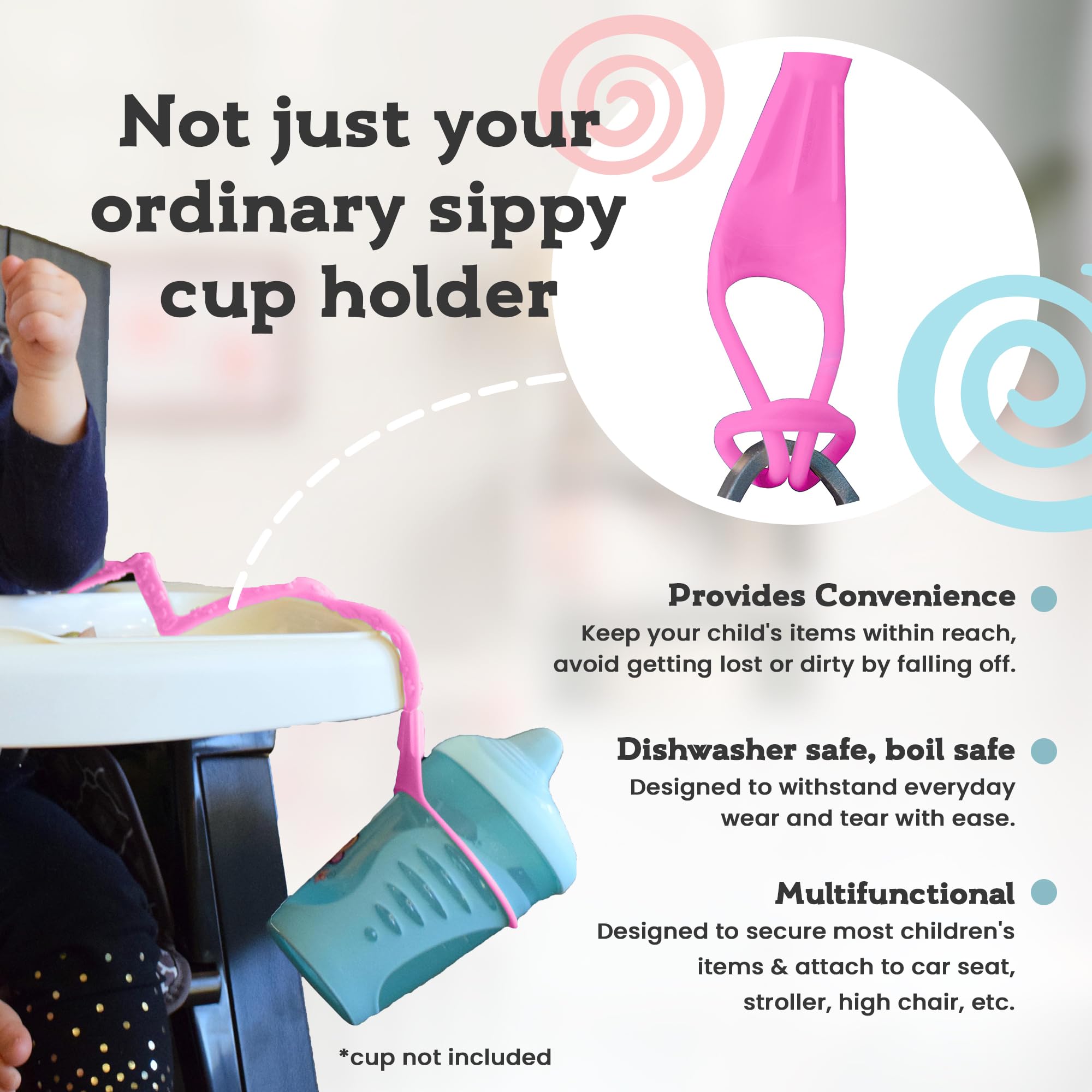 Brilli Baby Cup Catcher Patented Safety Tether Strap, Attach Sippy Cups, Bottles, Toys, Pacifiers to Stroller, High Chair, Car Seat, Made in USA, Food Grade, Dishwasher Safe (Aqua)