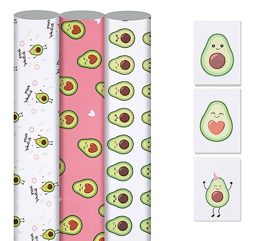 Avocado Gift Wrapping Paper Set, 3 Wrap Sheets With Fun Greeting Cards Tags For All Occasions Birthday Baby Showers Christmas Holidays Celebrations Presents