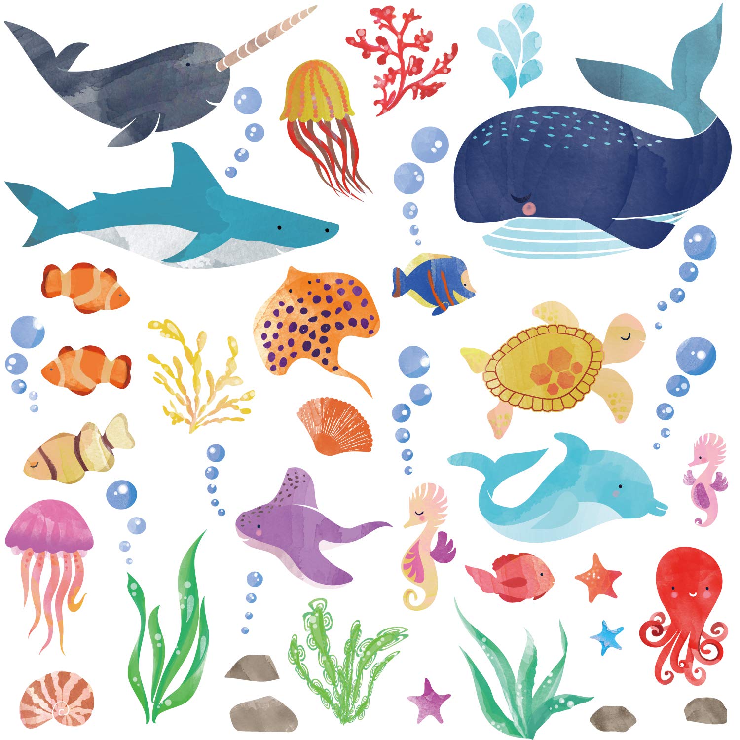 Watercolor Ocean Creatures/Under The Sea Fish Wall Decor/Peel & Stick Wall Art Stickers Decals for Kids Room/Nursery/Living Room/Playroom/Classroom