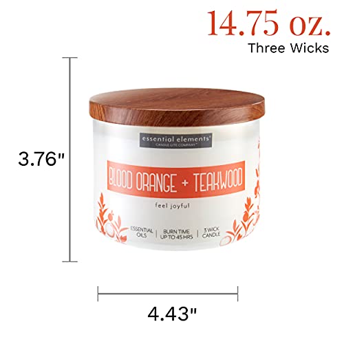 Essential Elements by Candle-lite Scented Candles, Blood Orange & Teakwood Fragrance, One 14.75 oz. Three-Wick Aromatherapy Candle with 45 Hours of Burn Time, Off-White Color