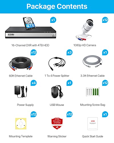 ZOSI H.265+ 1080p 16 Channel Home Security Camera System, 16CH DVR with AI Human Vehicle Detect, 12 x 1080p Surveillance Camera Outdoor, 120ft Night Vision, 105°Wide Angle, Remote Access, 4TB HDD