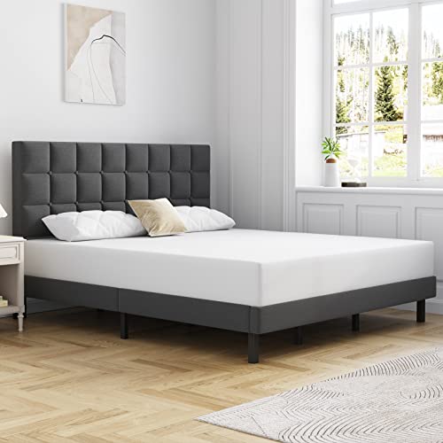 Molblly King Bed Frame Upholstered Platform with Headboard and Strong Wooden Slats,Non-Slip and Noise-Free,No Box Spring Needed, Easy Assembly,Dark Gray