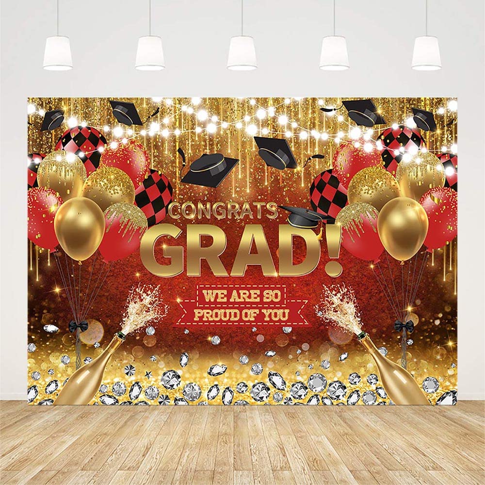 AIBIIN 7x5ft Congrats Grad Backdrop Red Gold Glitter Diamond Graduation Photography Background Class of 2023 Celebration Prom Party Decorations Congratulations on Graduation Banner Photoshoot Props