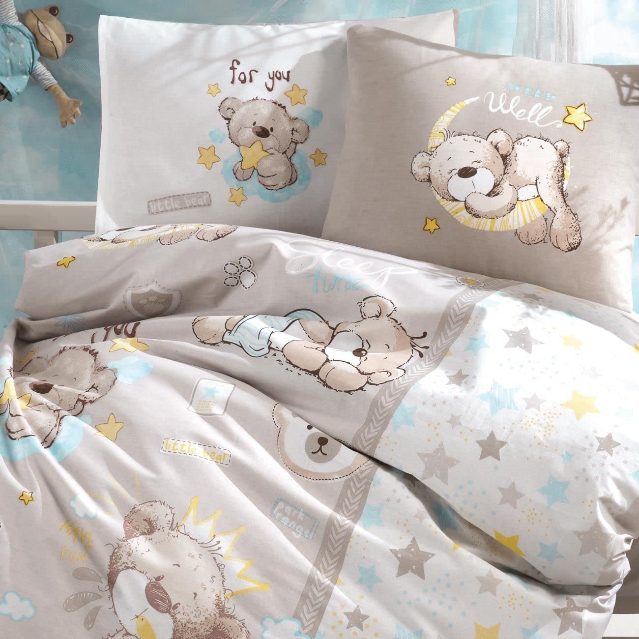 paradise RANFORCE 100% Cotton Baby Bedding, Heart Teddy Bear Themed Duvet Cover Set, Crib Bedding for Baby Girls,