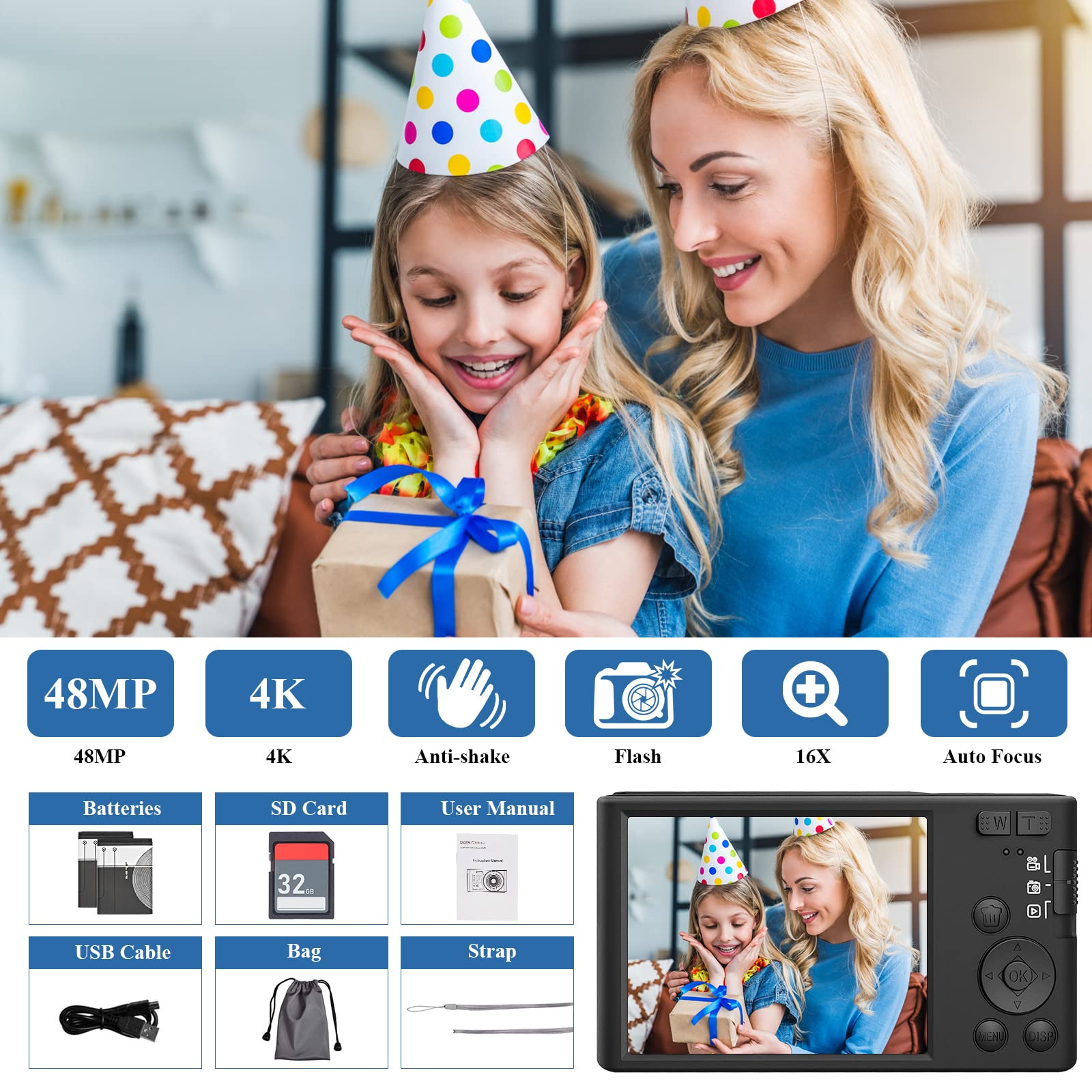 4K Digital Camera 48MP Compact Camera Autofocus 16X Digital Zoom Portable Camera for Boys, Girls,Adult,Beginners (with 32GB SD Card and 2 Batteries)