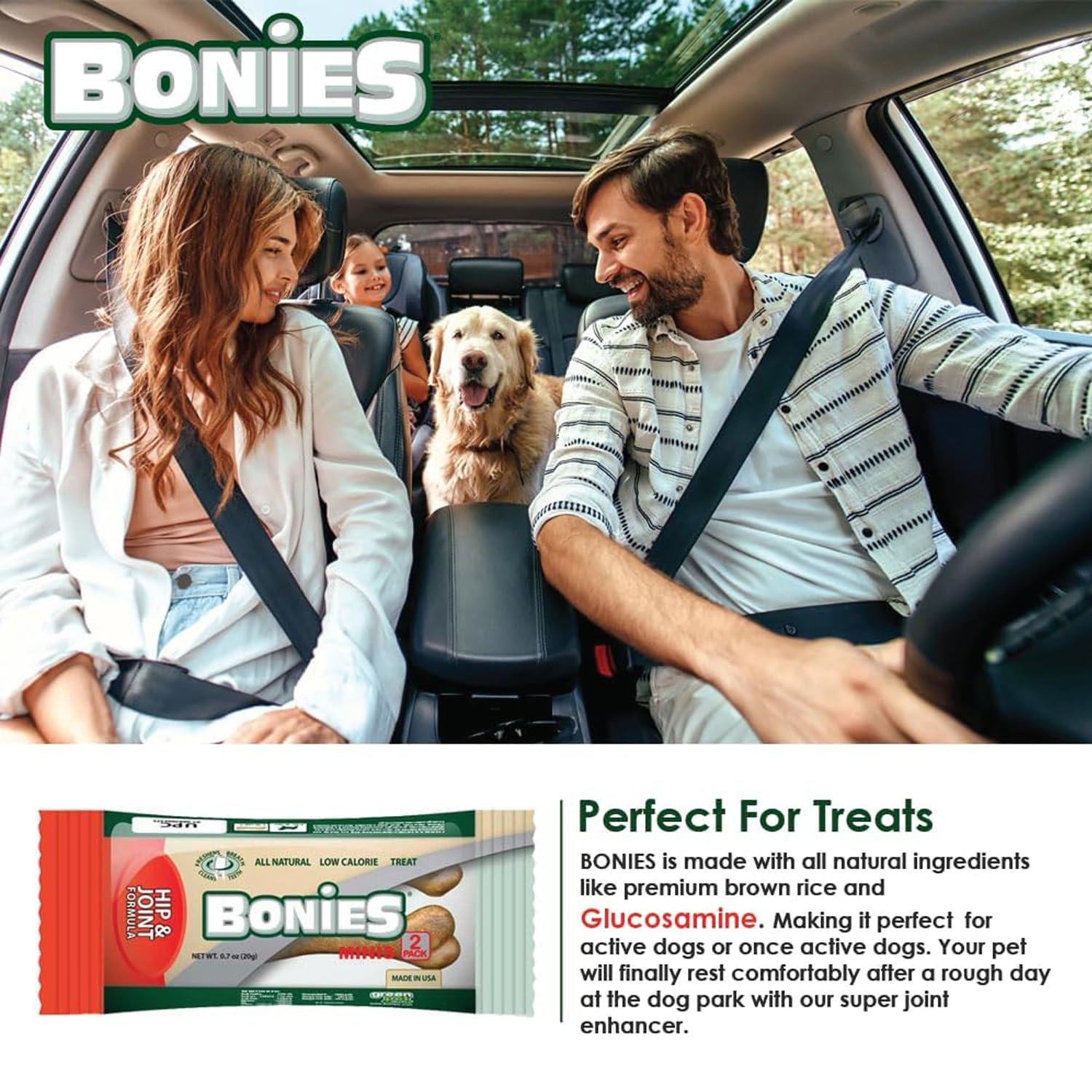 Bonies Natural Hip & Joint Formula Minis-Sized Single Bone, Glucosamine & Omega Fatty Acids, Fresh Breath, Clean Teeth, Low Calories, Chicken Flavor, Minis, 2 Bone Pack