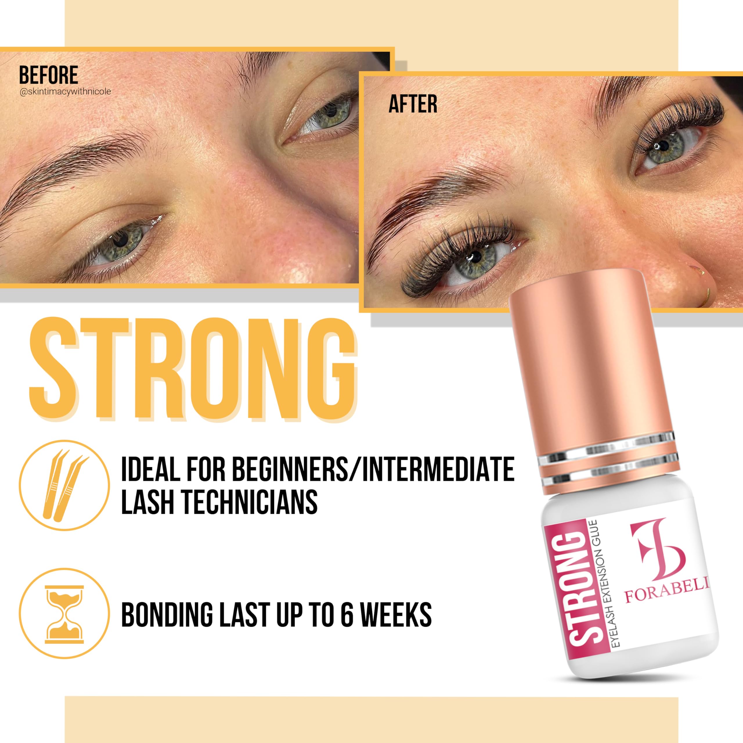 Forabel Strong Eyelash Glue 5ml - 2-3 Sec Drying Time, 6 Weeks Retention, Maximum Bonding Power, Black Adhesive for Semi-Permanent Lashes